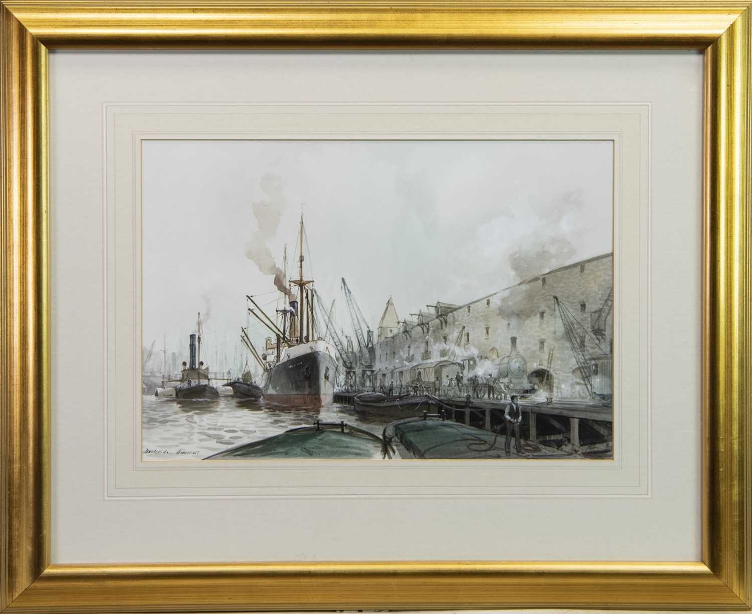 Lot 411 - DOCKSIDE, STEAMERS, A WATERCOLOUR BY PETER